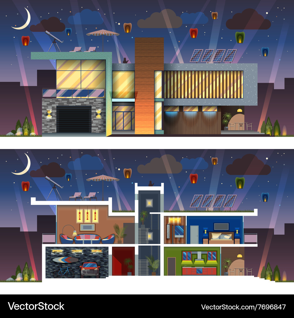 Modern house facade section night Royalty Free Vector Image