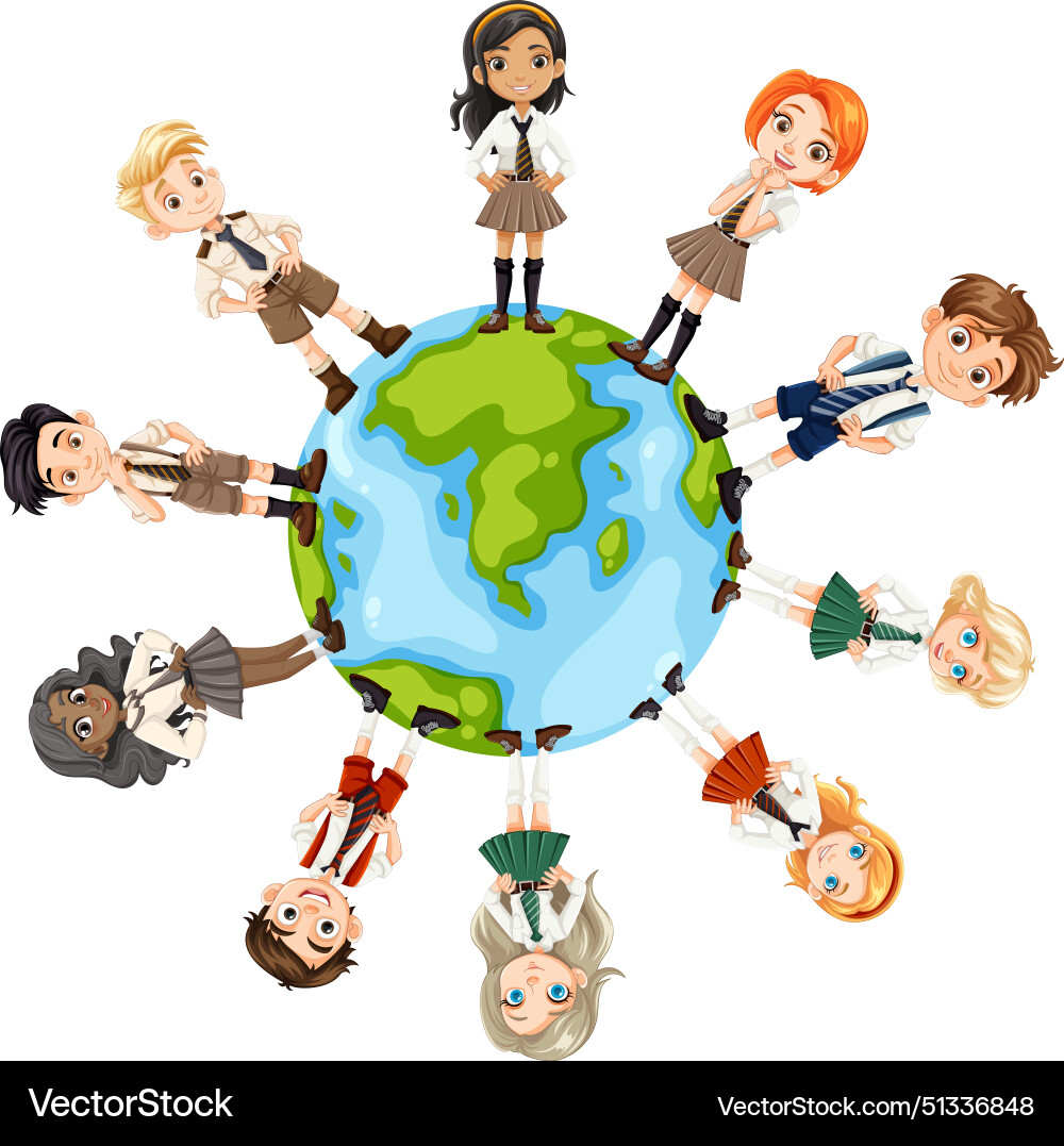 Kids standing on a globe holding hands Royalty Free Vector