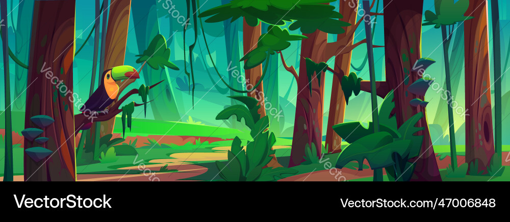 Tropical jungle forest with toucan on tree cartoon
