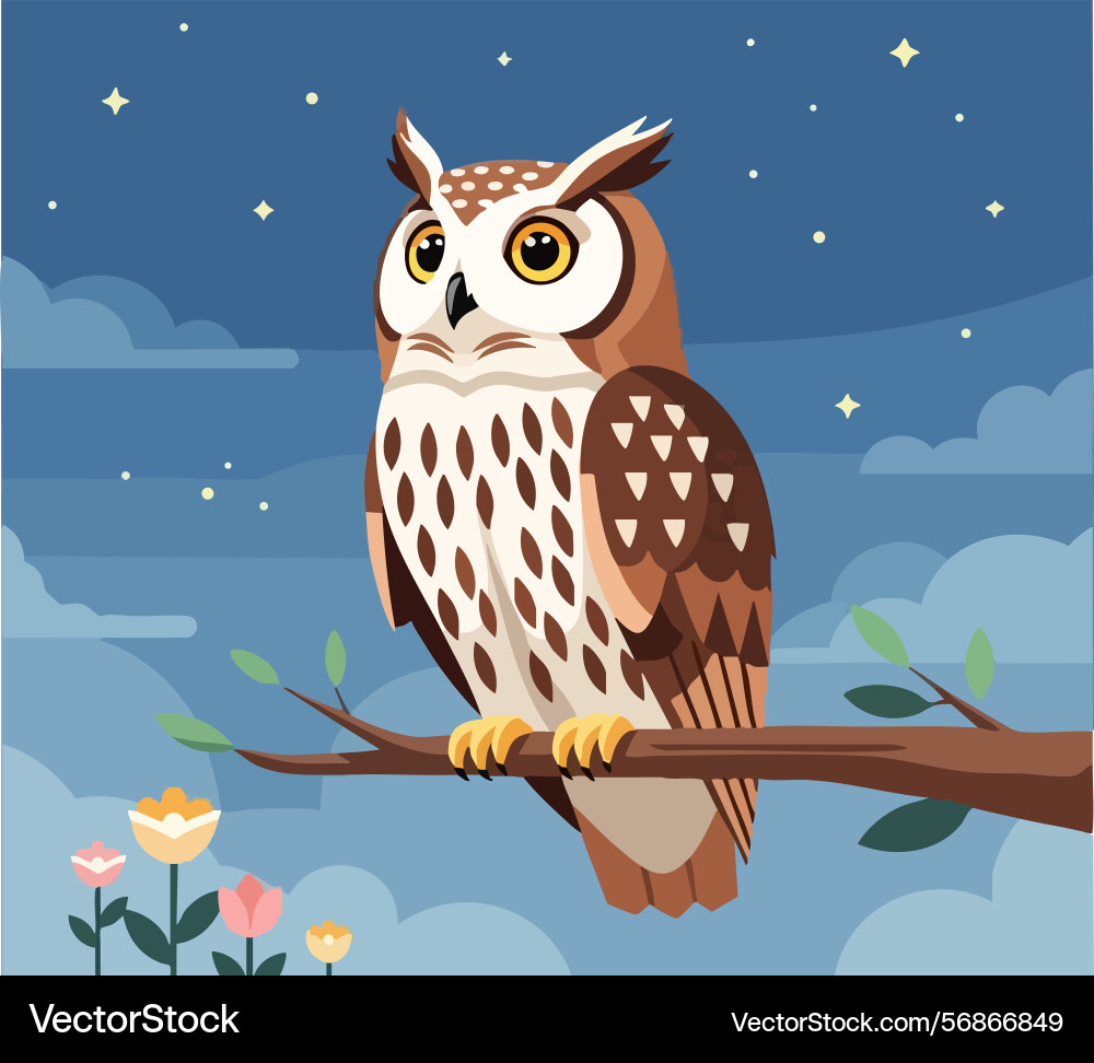 Owl perched on branch under starry night sky Vector Image