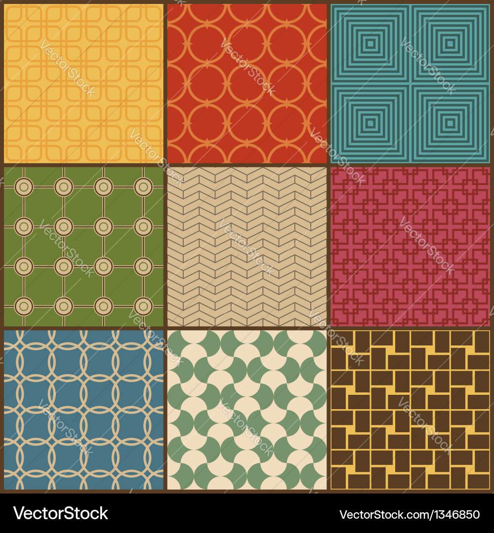 Geometric Retro Patterns - Nine Seamless Tiles Vector Image