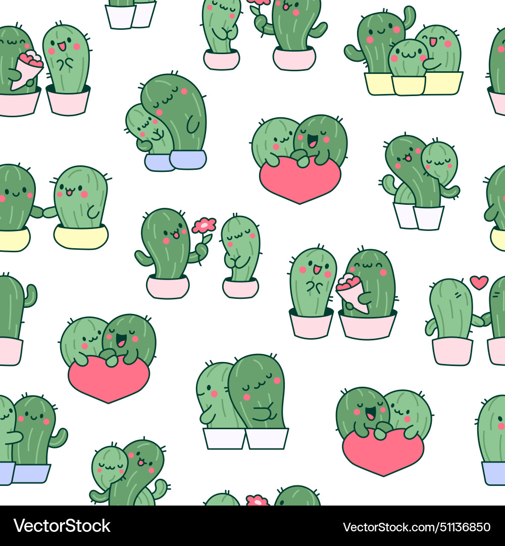 Kawaii cactus hug seamless pattern Royalty Free Vector Image