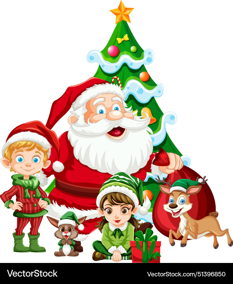 Santa with elves and reindeer by christmas tree Vector Image