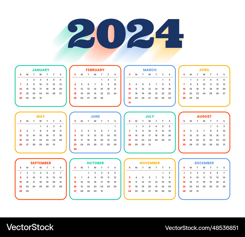 Colorful 2024 english calendar template plan Vector Image