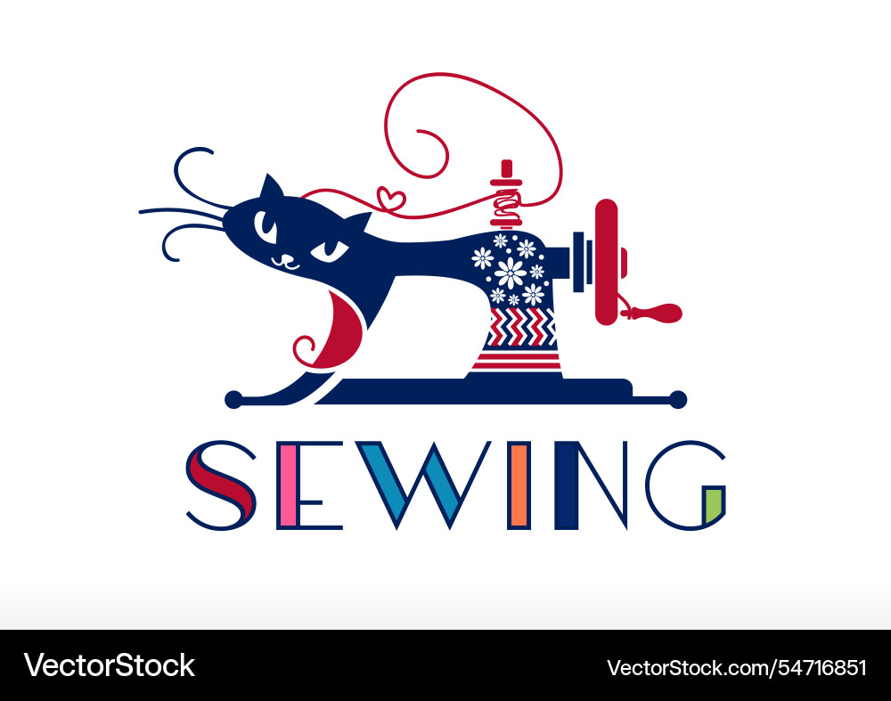 Creative cat crafting sewing machine logo design Vector Image