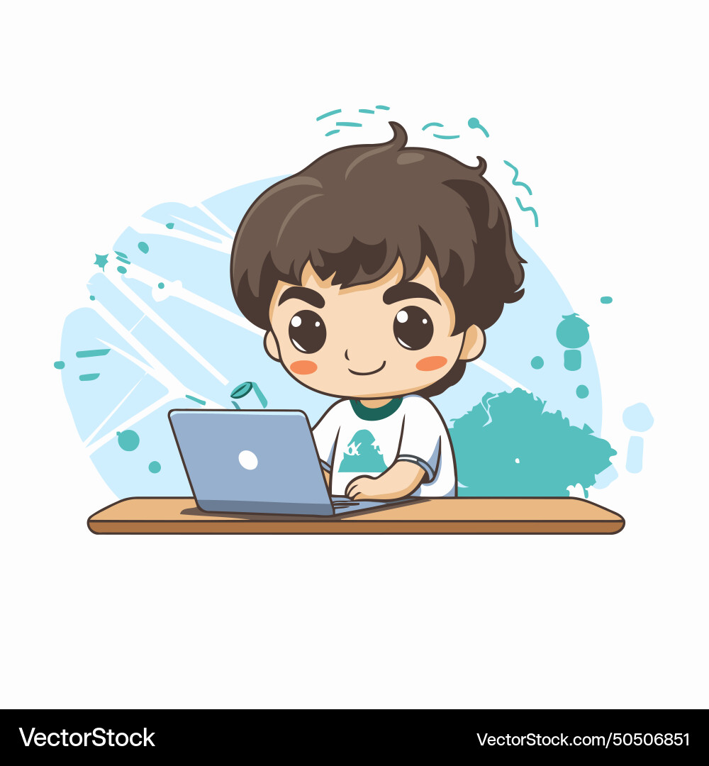 Cute little boy using a laptop computer cartoon Vector Image