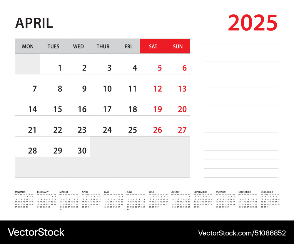 April 2025 year - calendar template Royalty Free Vector