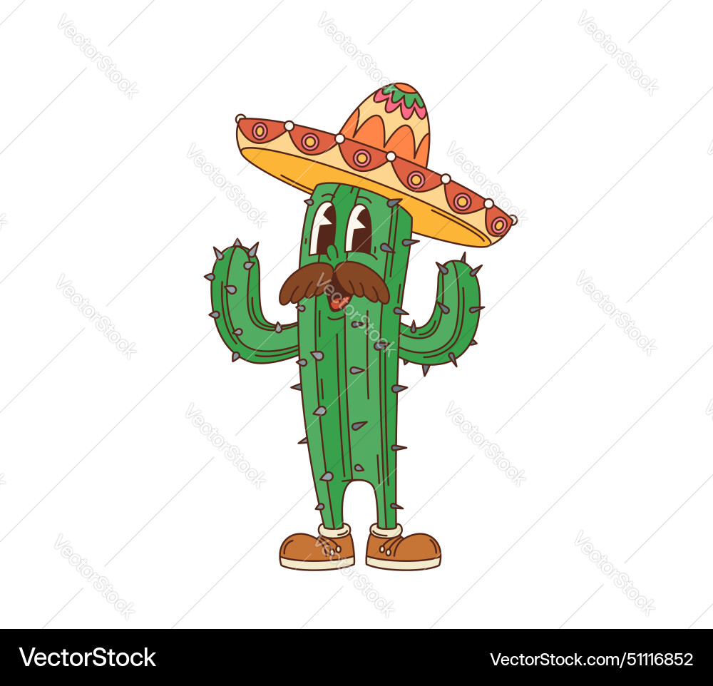 Cartoon retro groovy mexican cacti character Vector Image