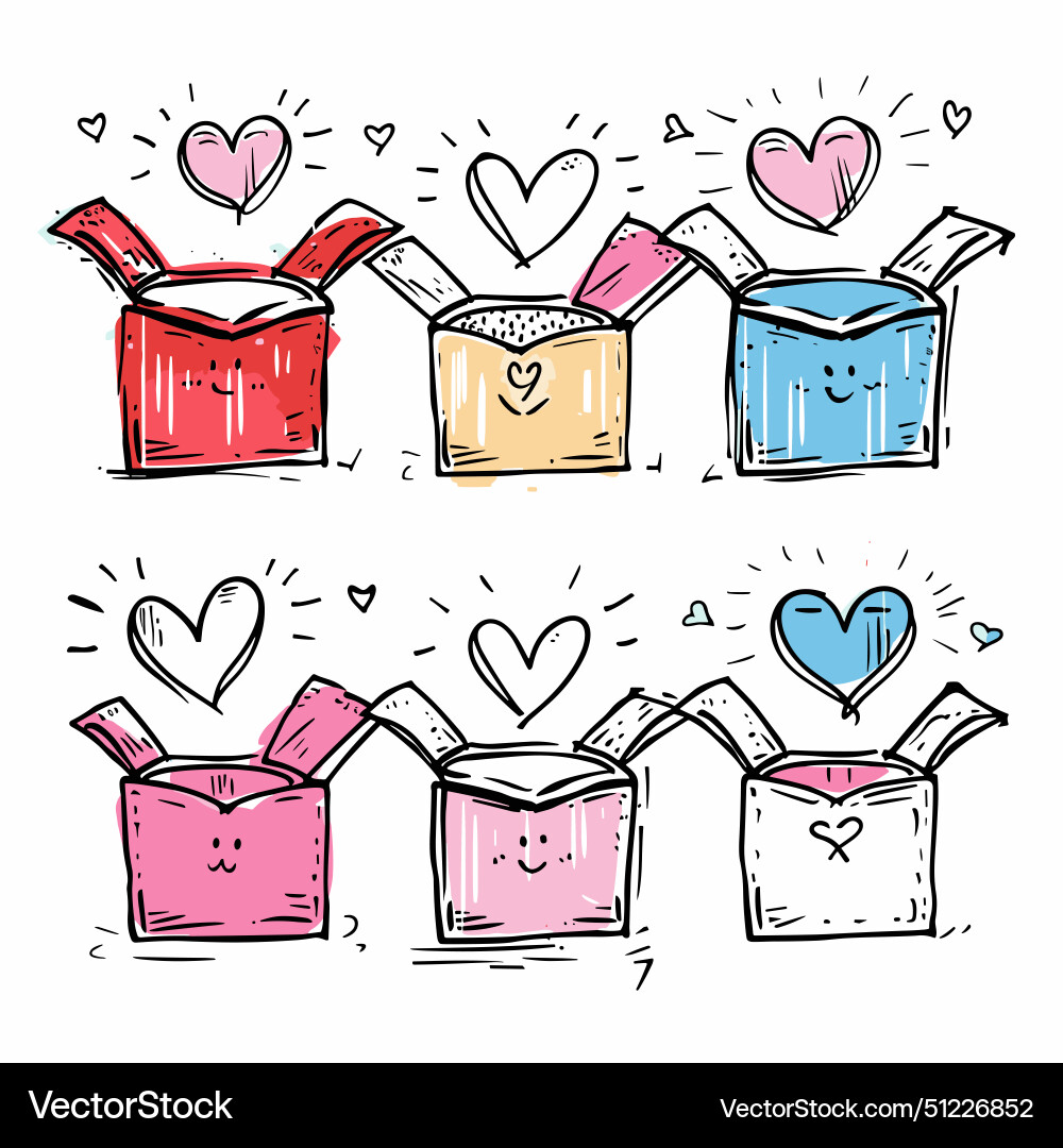 Handdrawn colorful gift boxes hearts love concept Vector Image