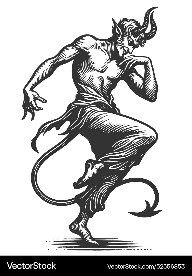 Dancing devil engraving sketch Royalty Free Vector Image