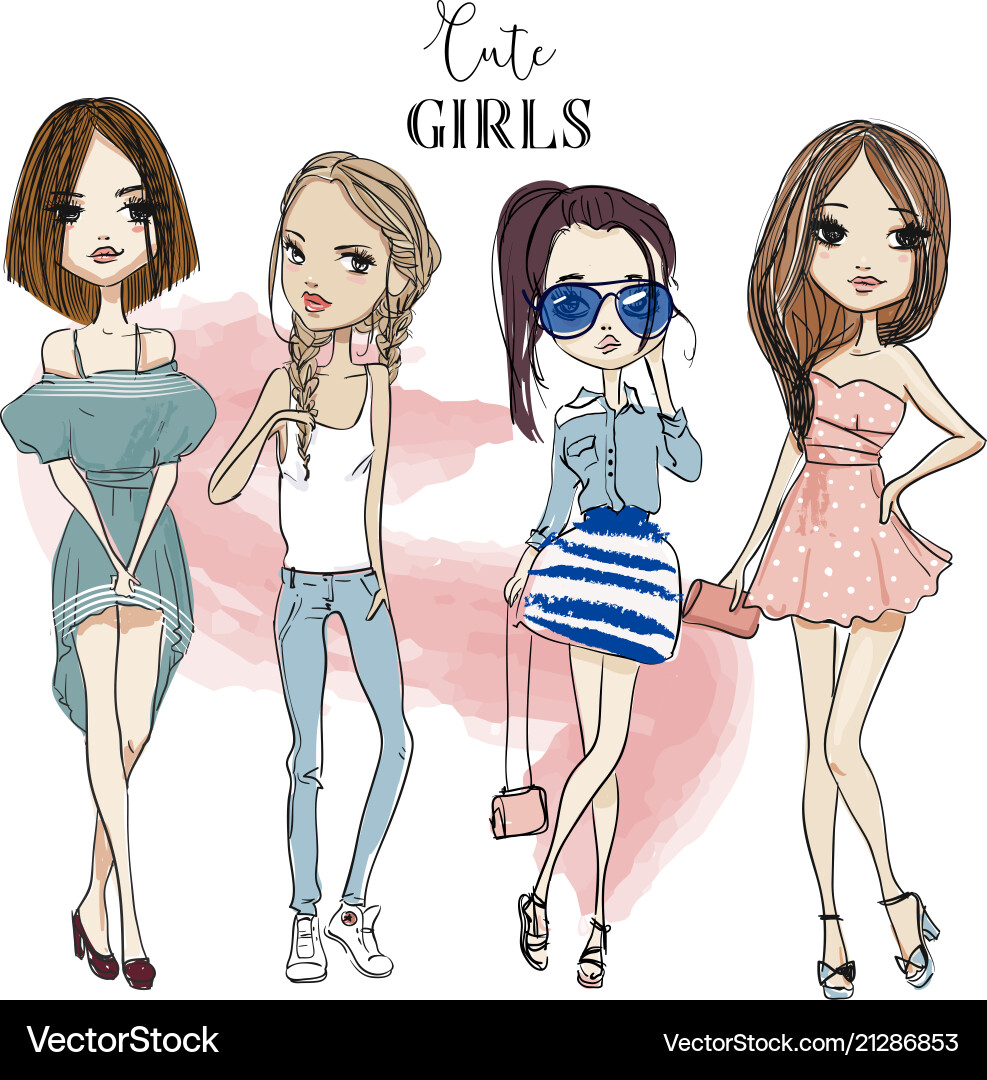 Set with cute cartoon girls Royalty Free Vector Image