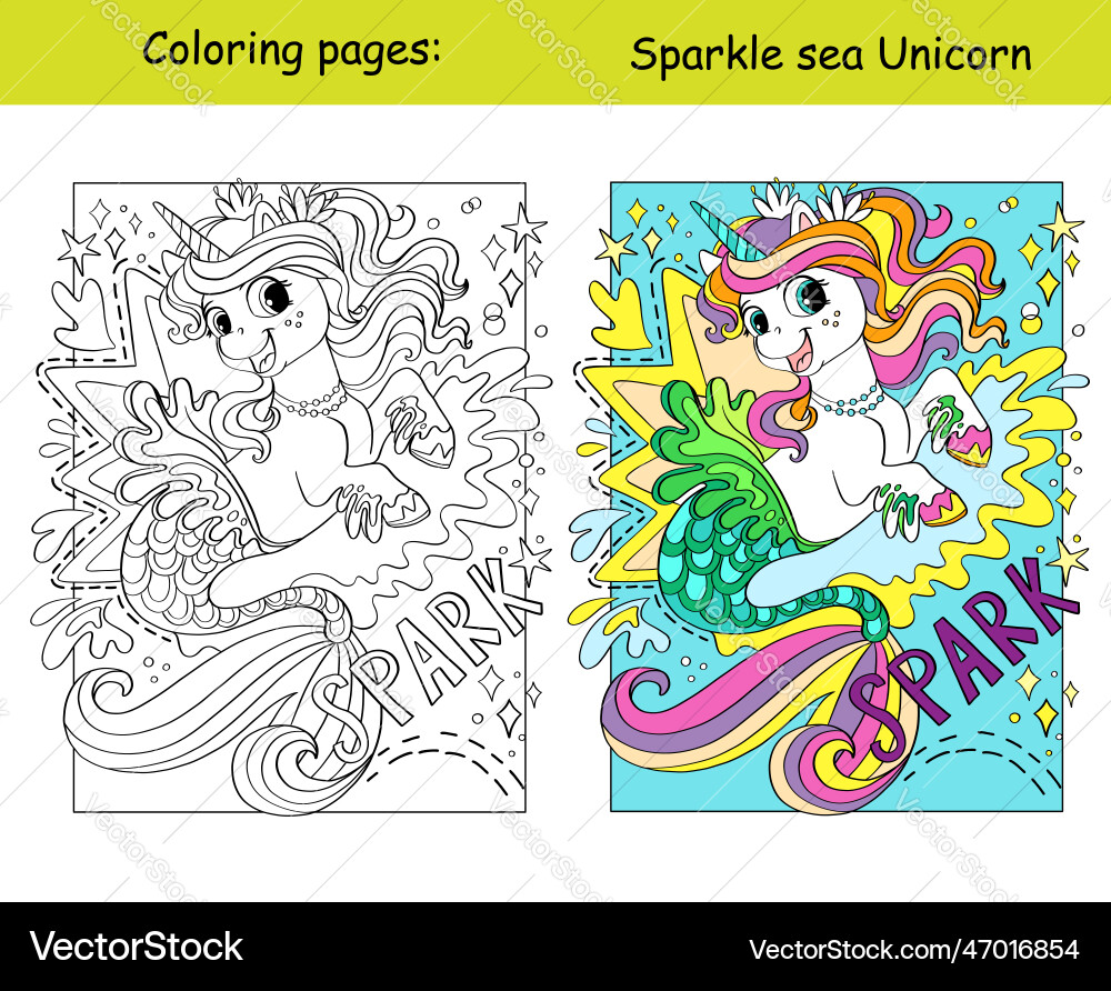 Cute Mermaid Unicorn Coloring Page Royalty Free Vector Image