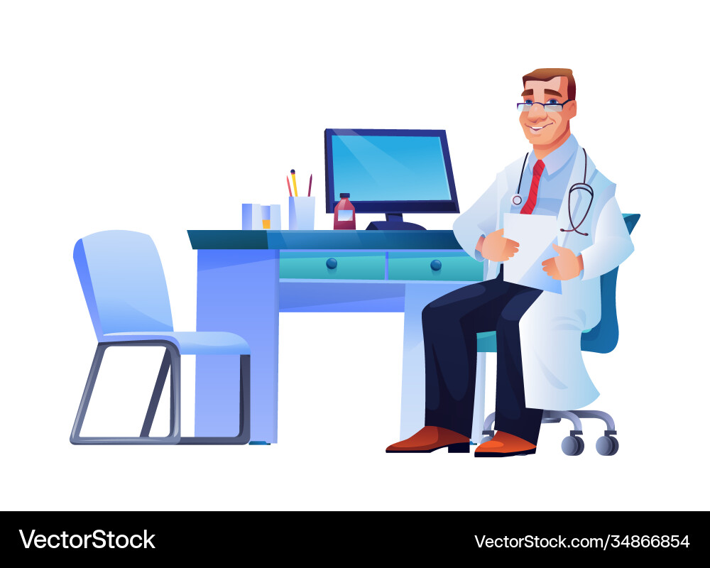 Doctor with stethoscope at workplace desk computer