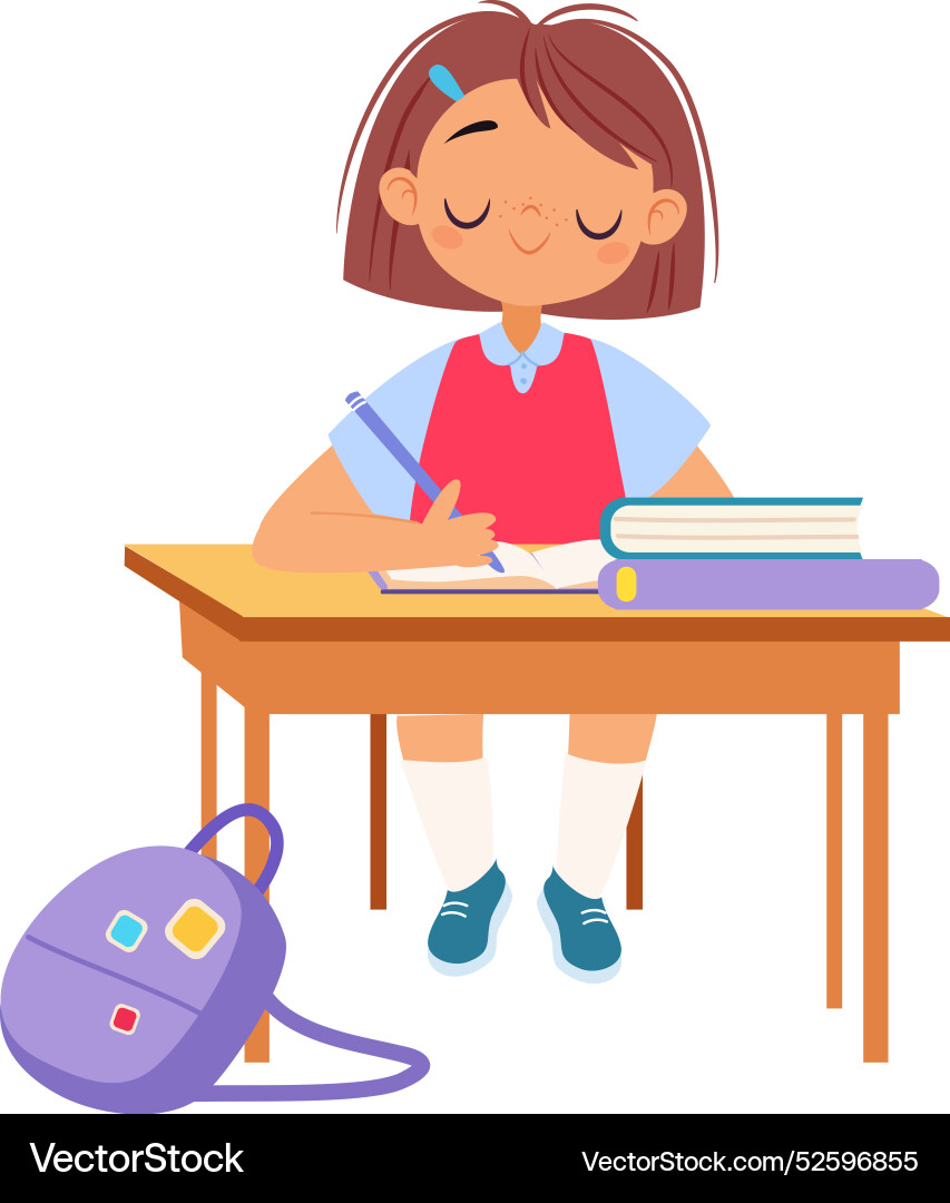 Girl character at school desk have lesson Vector Image