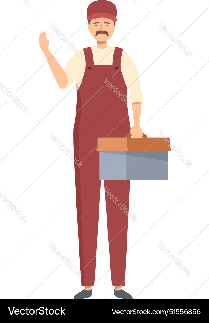 Handyman is holding a toolbox and waving Vector Image