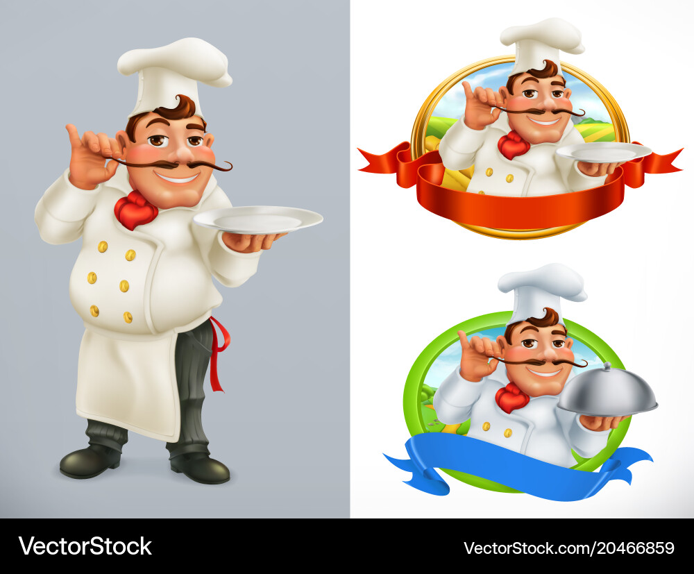 Cook chef character and label 3d icon set Vector Image