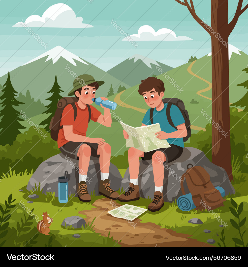 Hikers resting and reading map in mountainous Vector Image