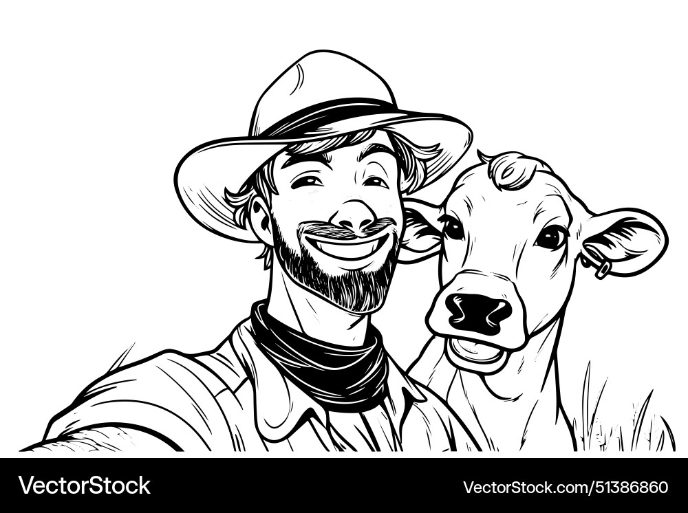 Cow and farmer on the field Royalty Free Vector Image