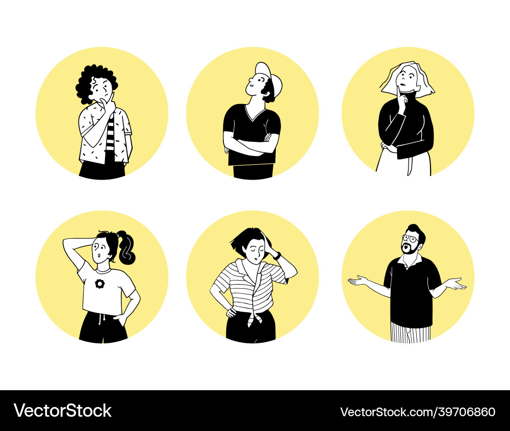 Thinking men portraits with gestures of question Vector Image