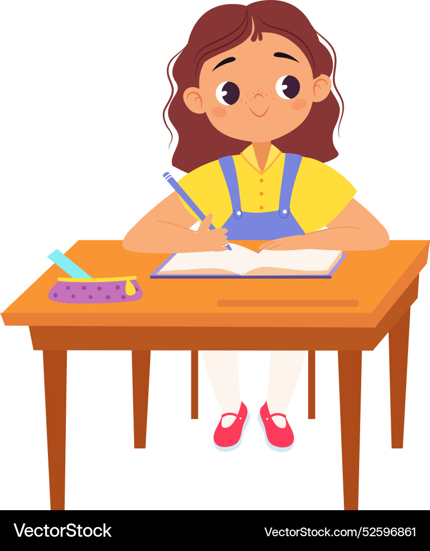 Girl character at school desk have lesson Vector Image