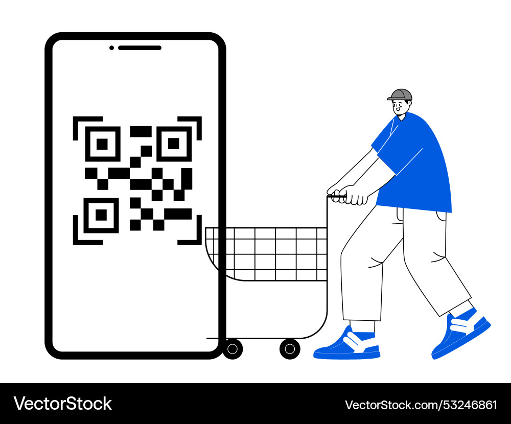 Qr code digital payment man shopping cart purchase