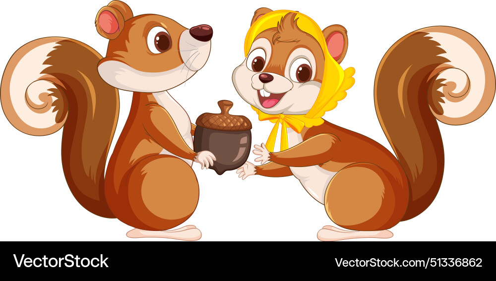Two cartoon squirrels exchanging a large acorn Vector Image