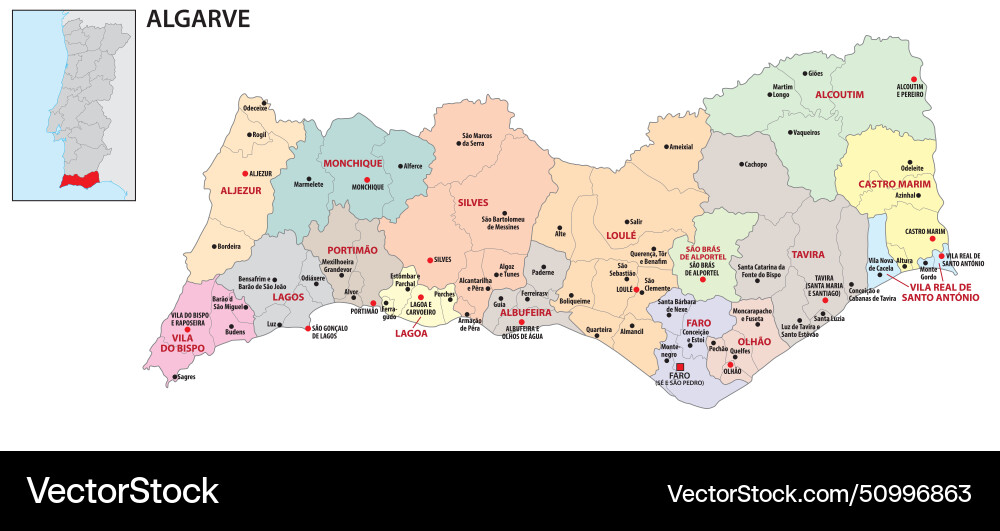 Administrative map algarve portugal Royalty Free Vector