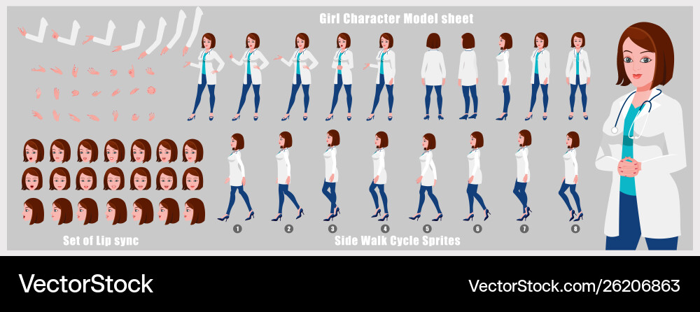 Female Doctor Walk Cycle Character Sheet Vector Image