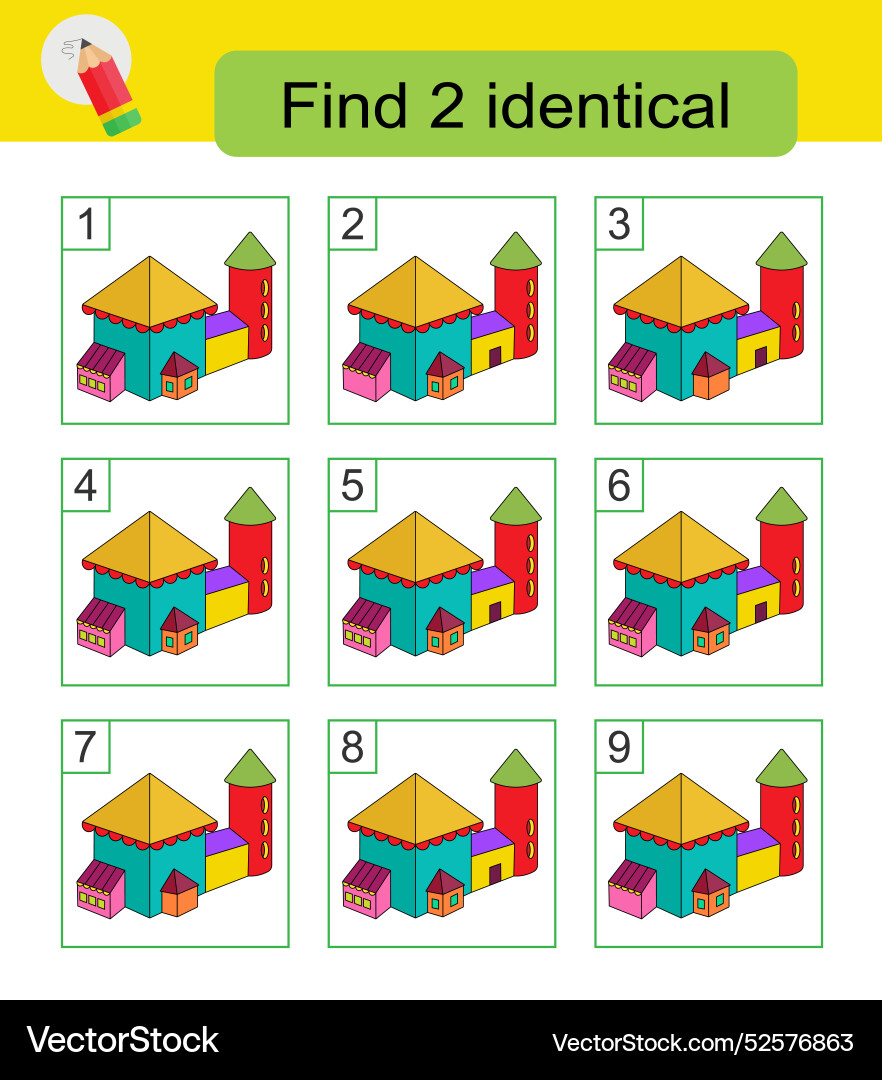 Fun puzzle game find two identical houses Vector Image