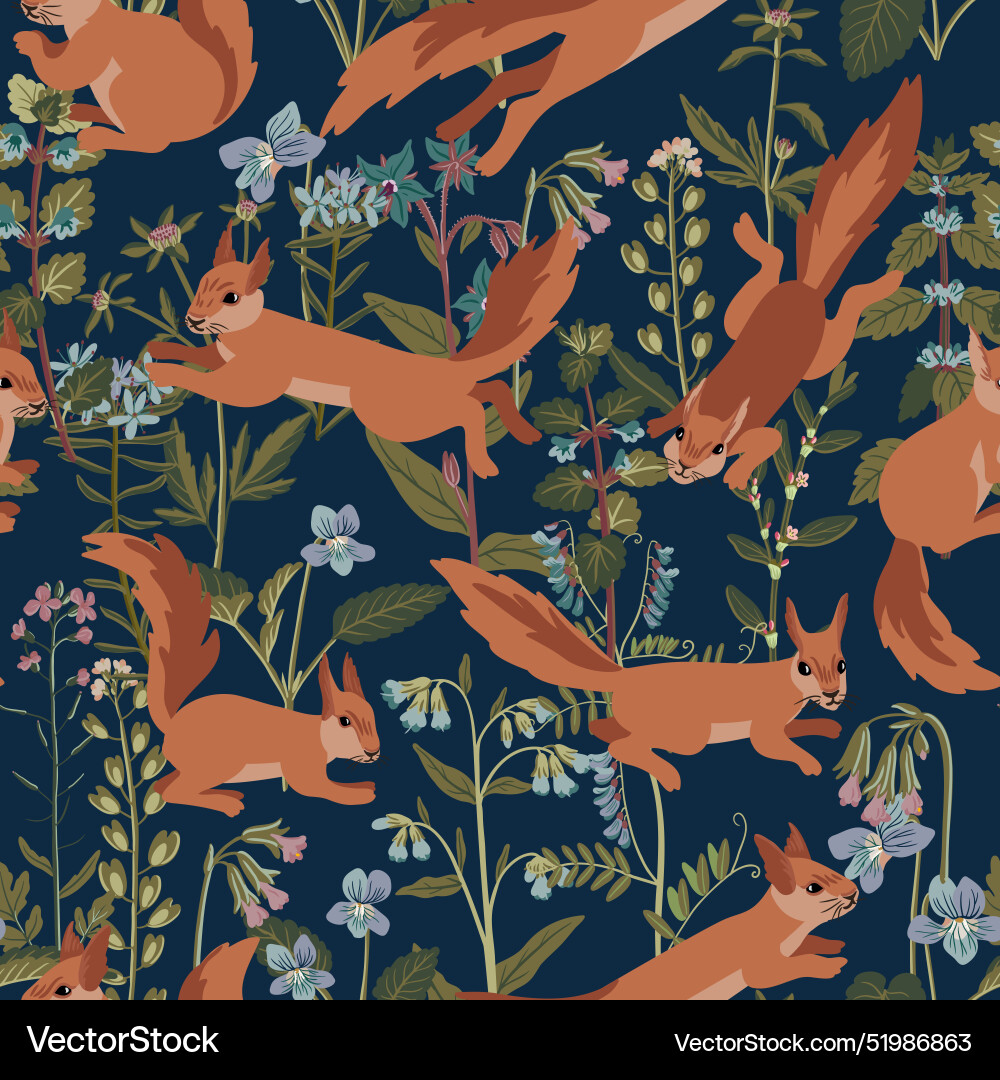 Seamless pattern with flowers and squirrels Vector Image