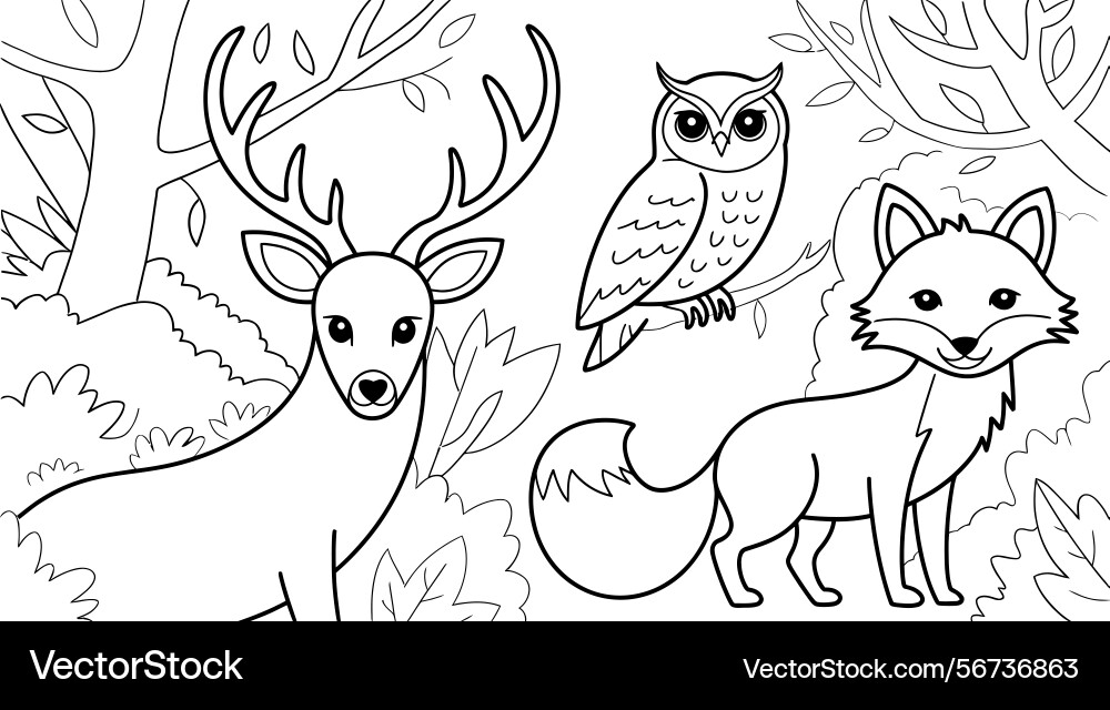 Woodland animals coloring page Royalty Free Vector Image