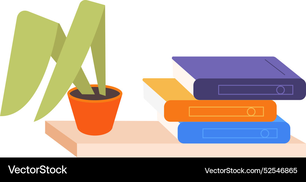 Wooden shelf with houseplant and bookstack house Vector Image