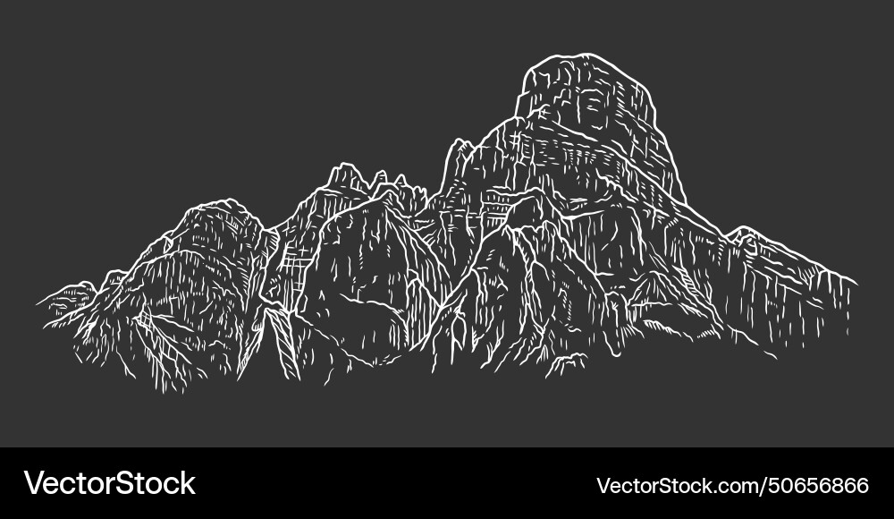 Rocky alpine mountain scenery landscape ink Vector Image