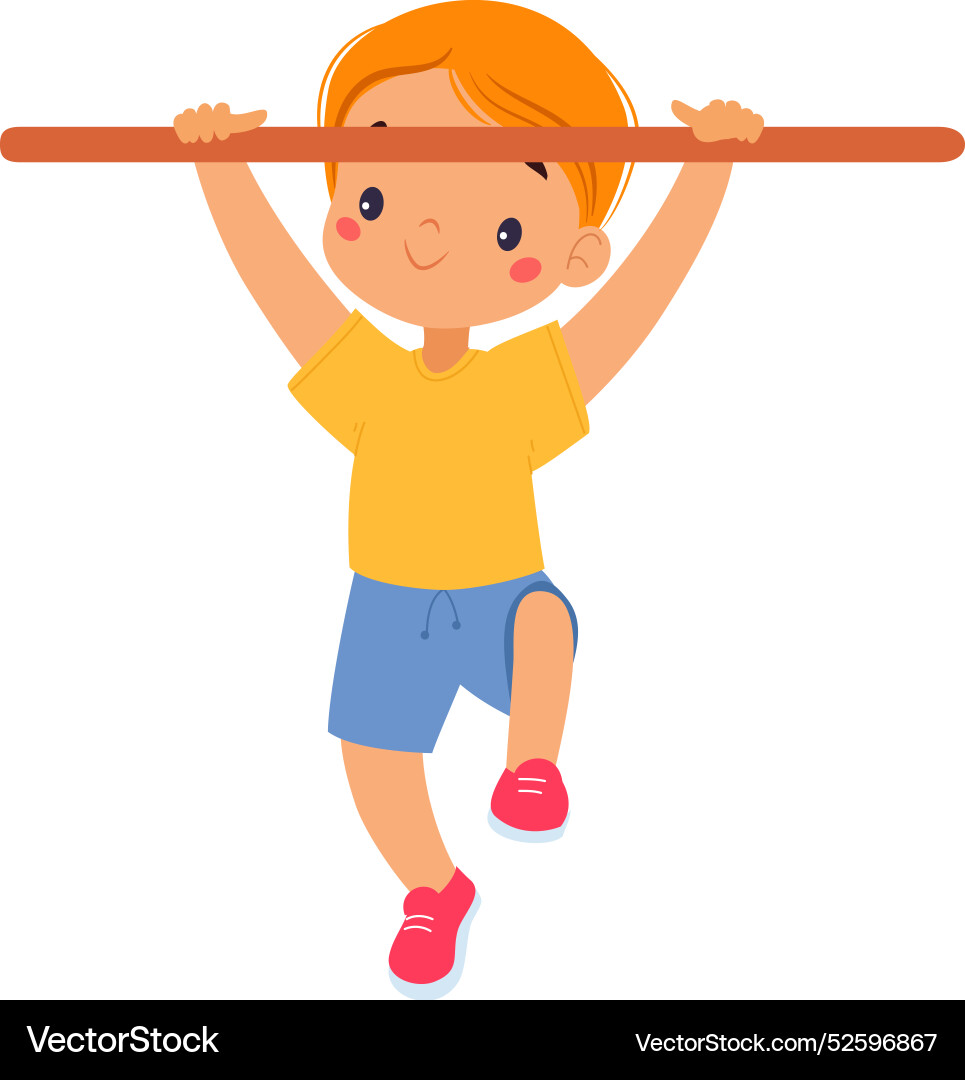 Boy kid hang on bar at sport lesson Royalty Free Vector