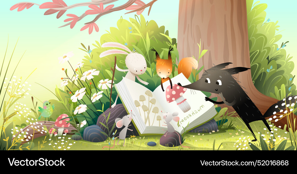 Cute forest animals reading book study Royalty Free Vector