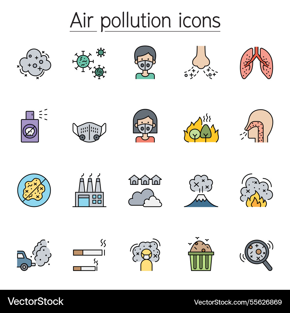 Air pollution icon set in color line style Vector Image