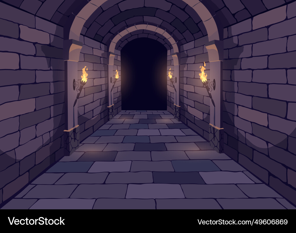 Dark dungeon long medieval castle corridor Vector Image