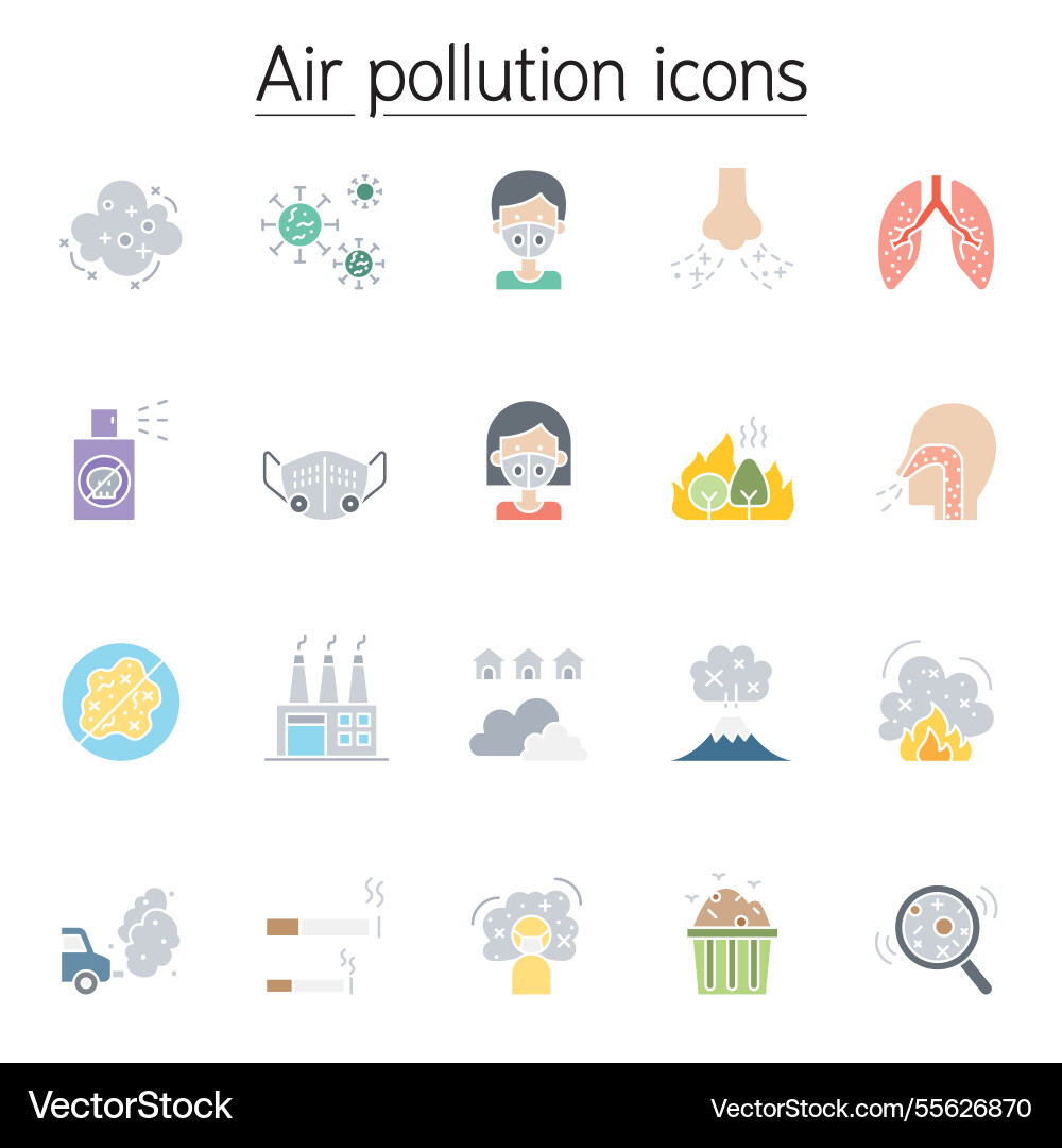 Air pollution icon set in flat color style Vector Image