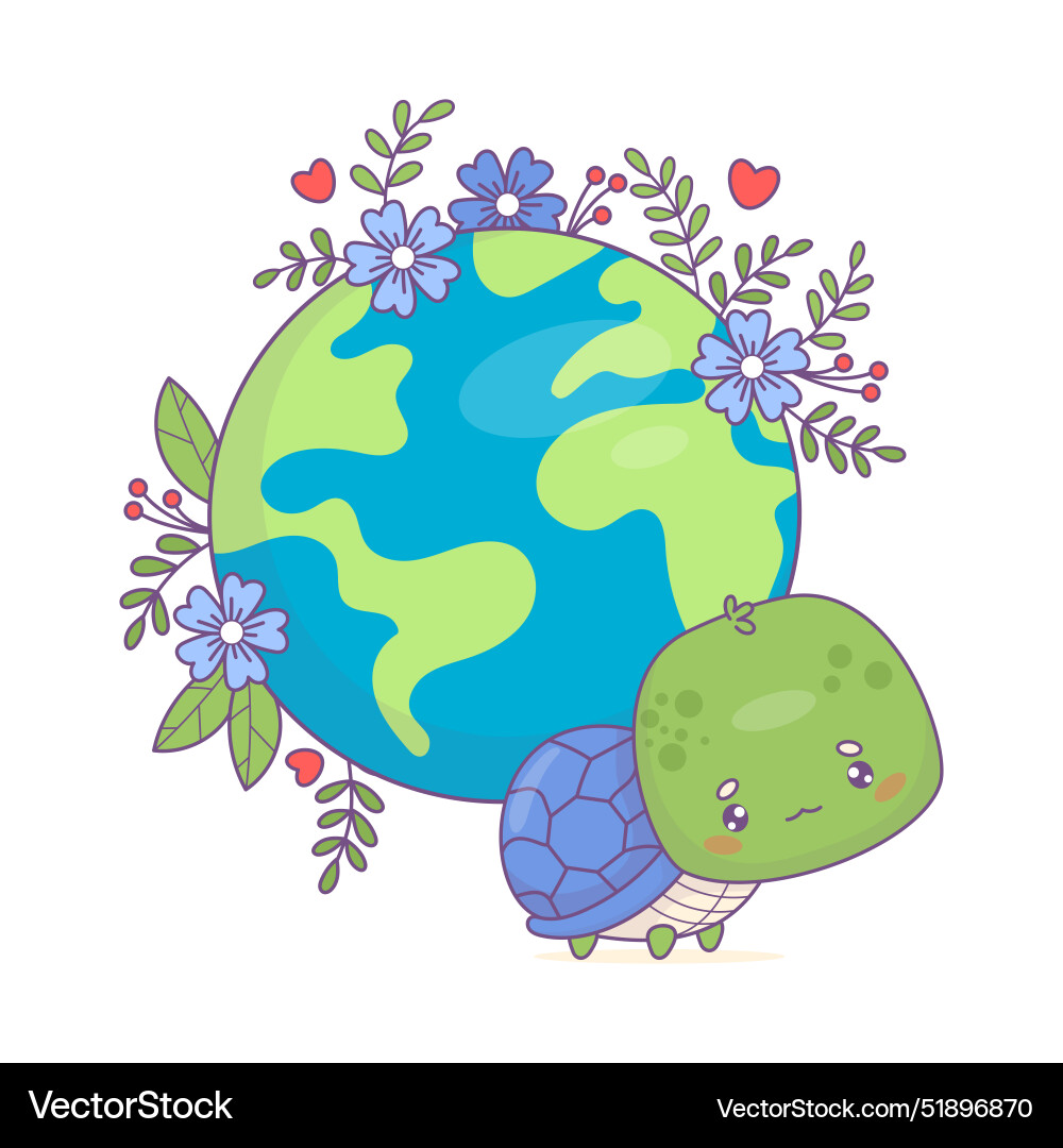 Cute cartoon turtle character with planet earth Vector Image