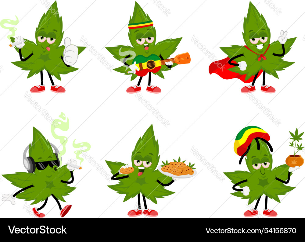 Funny marijuana leaf cartoon character collection Vector Image
