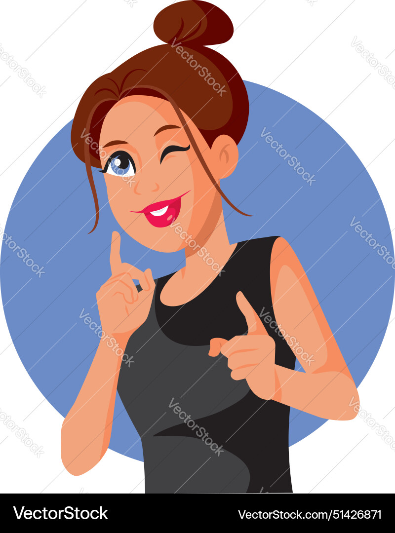 Cheerful confident woman winking pointing her Vector Image