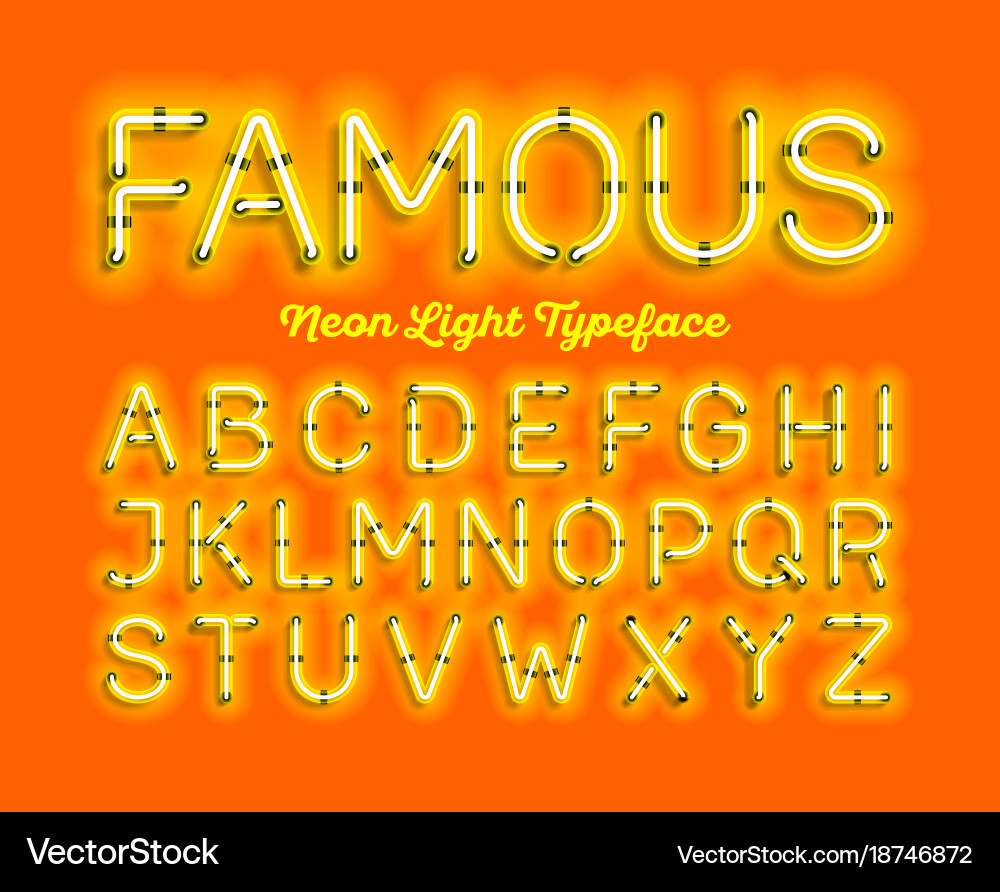 Famous neon light typeface Royalty Free Vector Image