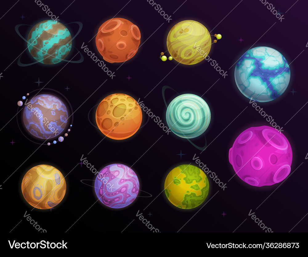 Fantasy planets with rings and satellites in space