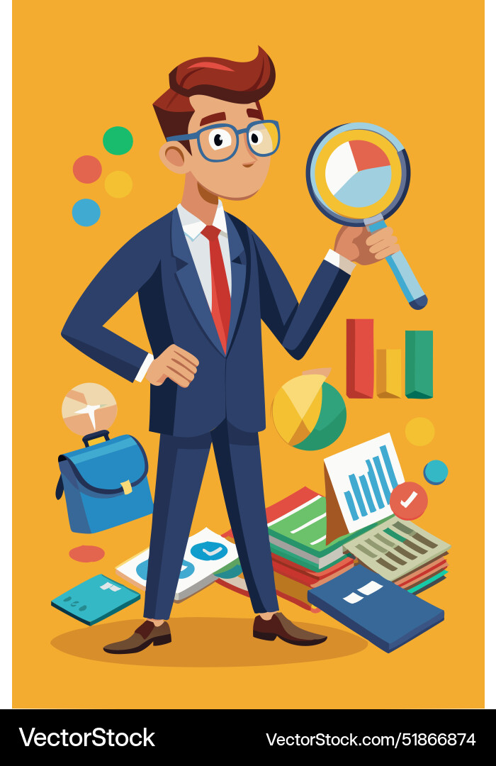 Business analyst with magnifying glass Royalty Free Vector