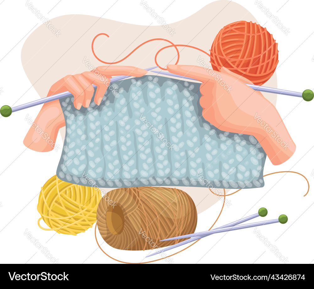 Hands knitting scarf of woolen threads Royalty Free Vector