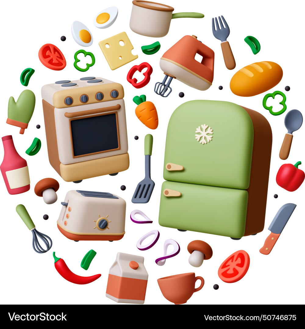 Kitchen concept 3d appliances food and tools Vector Image