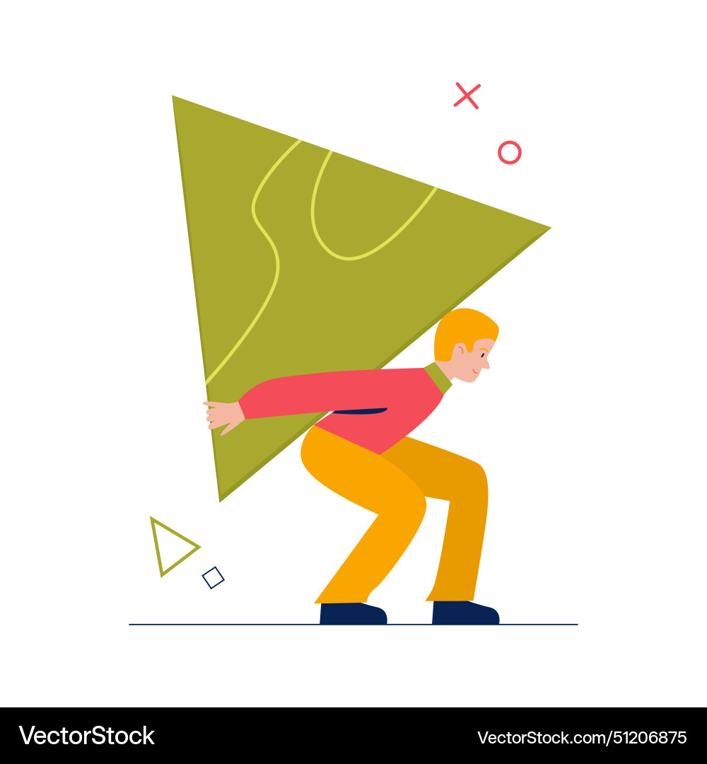 Man carrying heavy geometric figure with efforts Vector Image