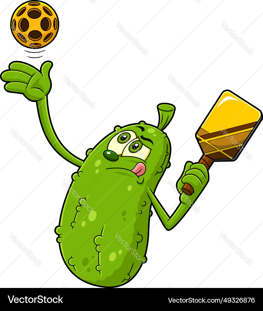 Funny pickle cartoon character playing pickleball Vector Image