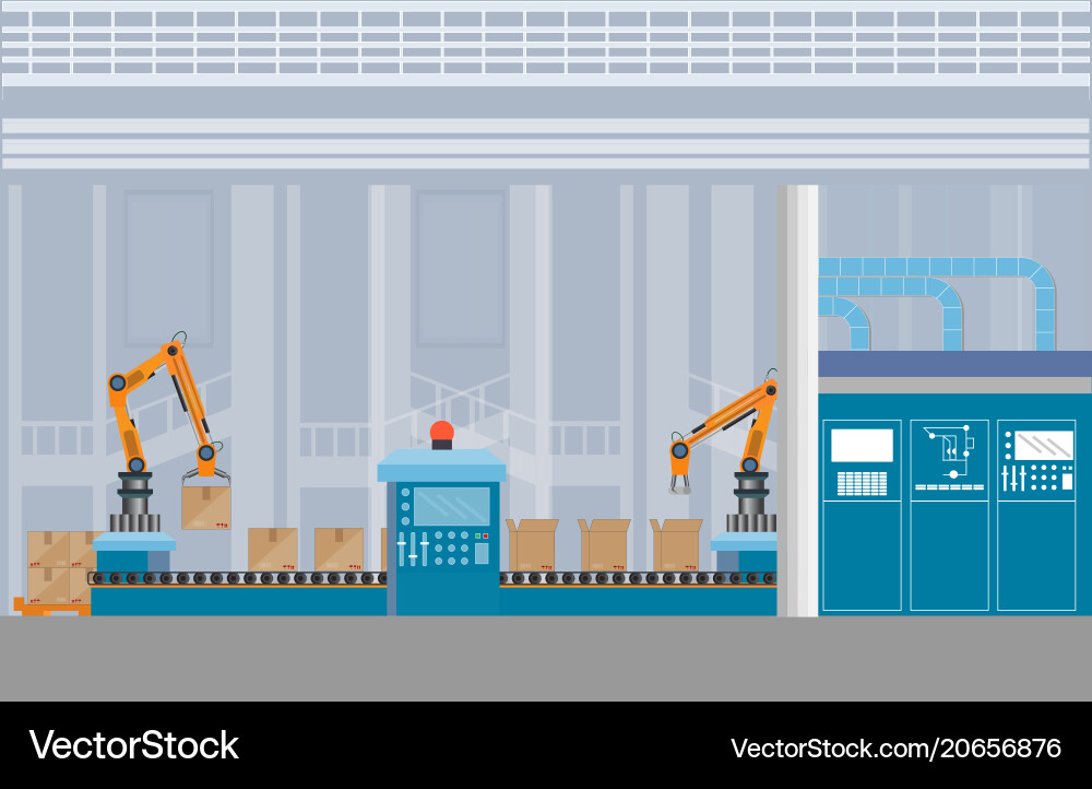 Manufacturing warehouse conveyor with workers 40 Vector Image