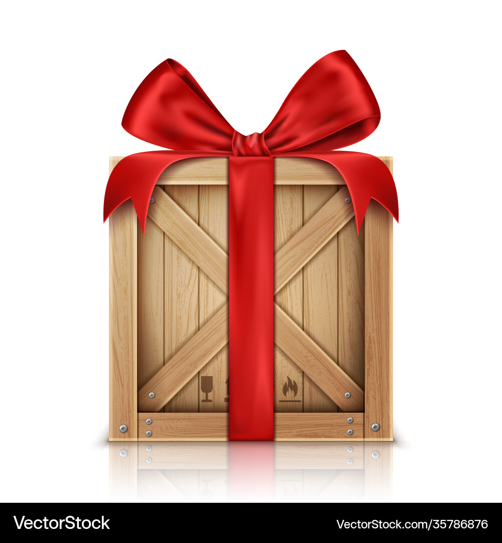 Wooden box with silk red ribbon bow Royalty Free Vector